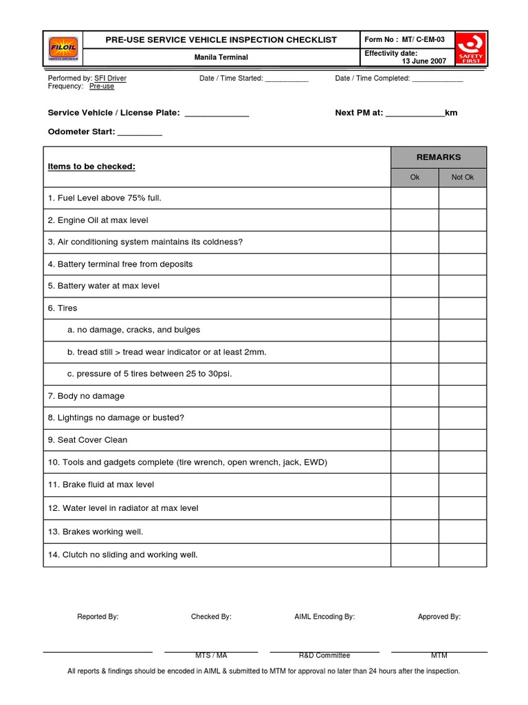 299 Service Vehicle Checklist | PDF