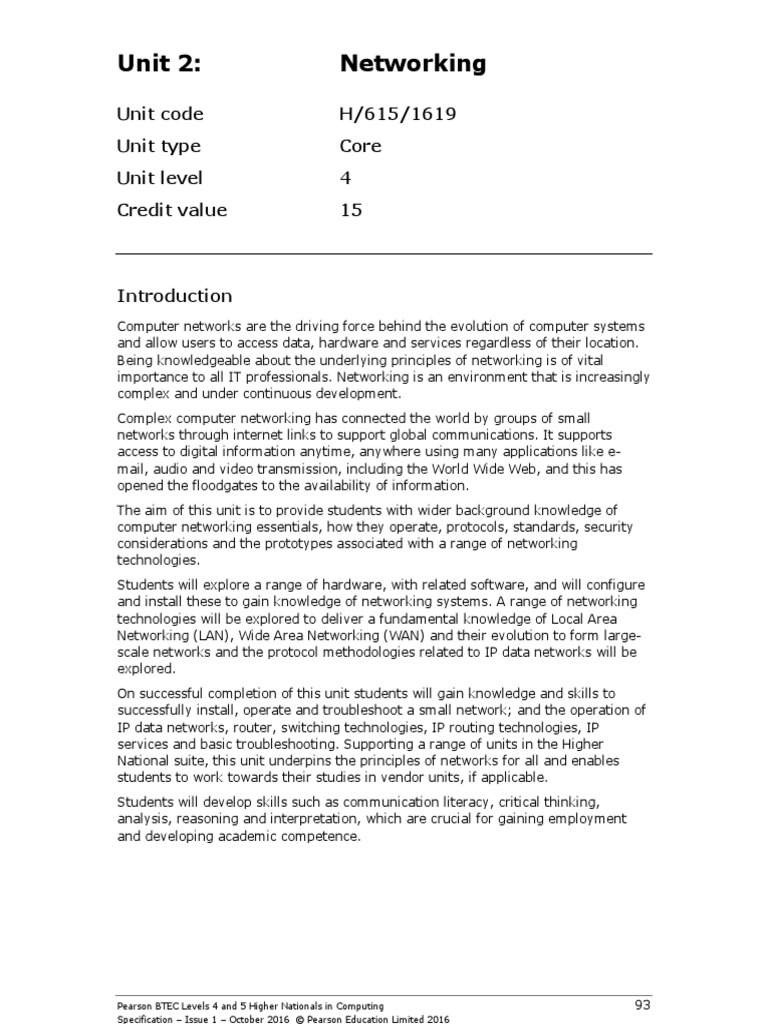 Unit 2: Networking: Unit Code H/615/1619 Unit Type Core Unit Level 4 Credit Value 15 | PDF ...