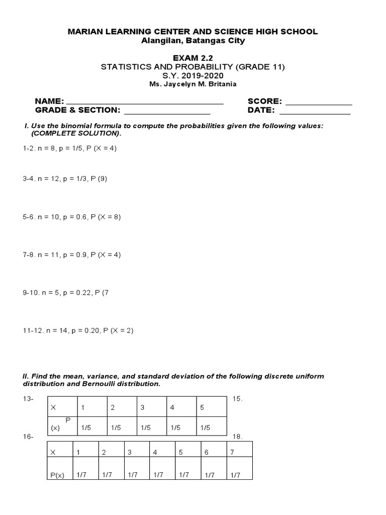 Grade 11 Statistics Exam 2.2 | PDF | Teaching Methods & Materials