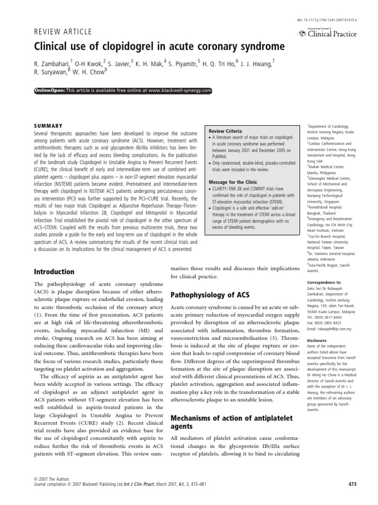 Clinical Use of Clopidogrel in Acute Coronary Syndrome: Reviewarticle ...