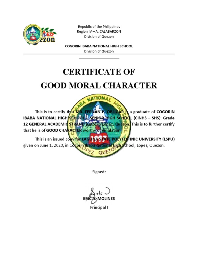 Certificate of Good Moral Character | PDF