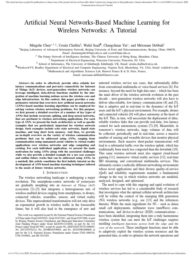 Artificial Neural Networks-Based Machine Learning For Wireless Networks: A Tutorial | PDF ...