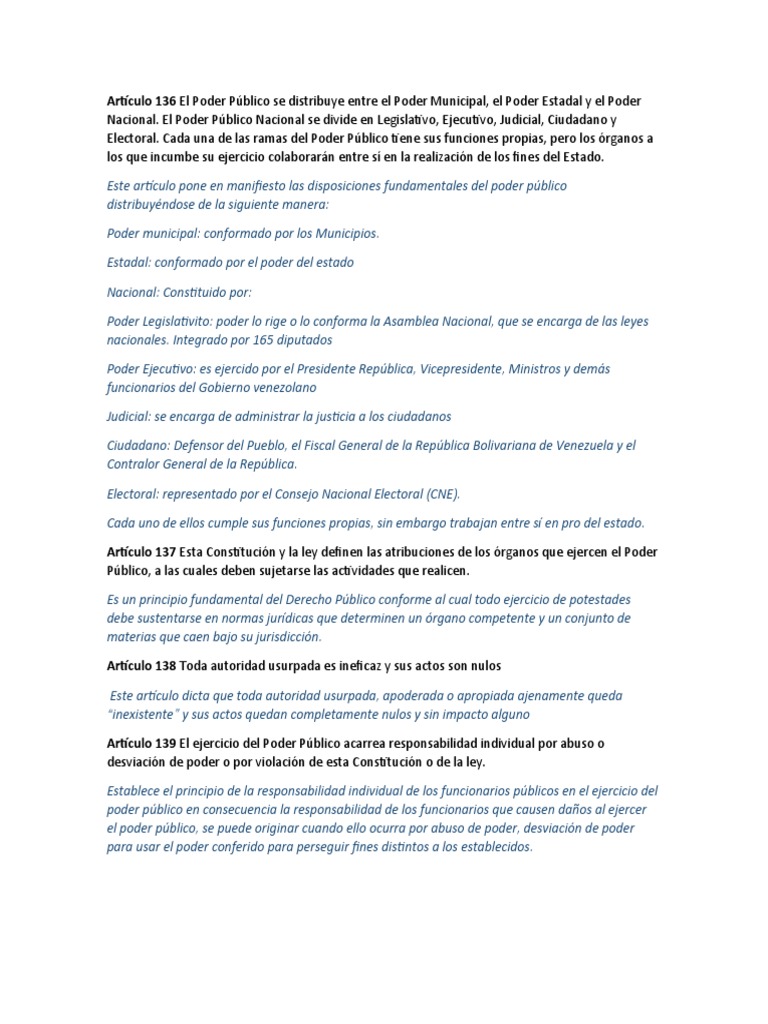 Artículo 136 El Poder Público Se Distribuye Entre El Poder Municipal ...