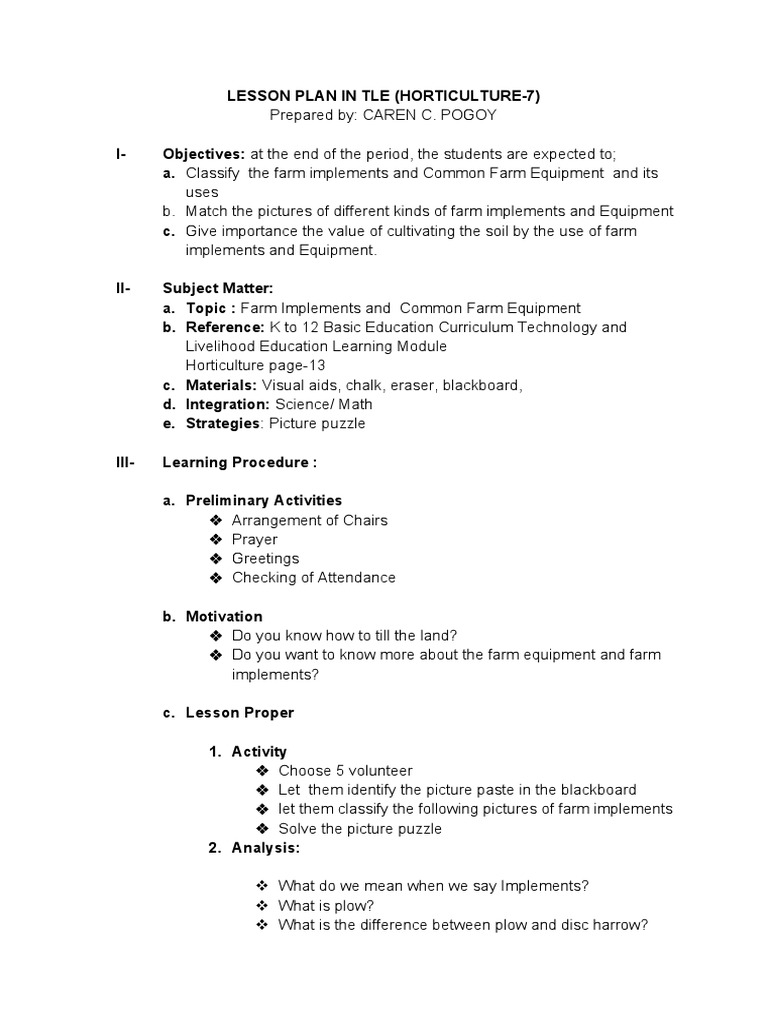 Grade 7 TLE Lesson Plan: Farm Tools | PDF | Agricultural Machinery ...
