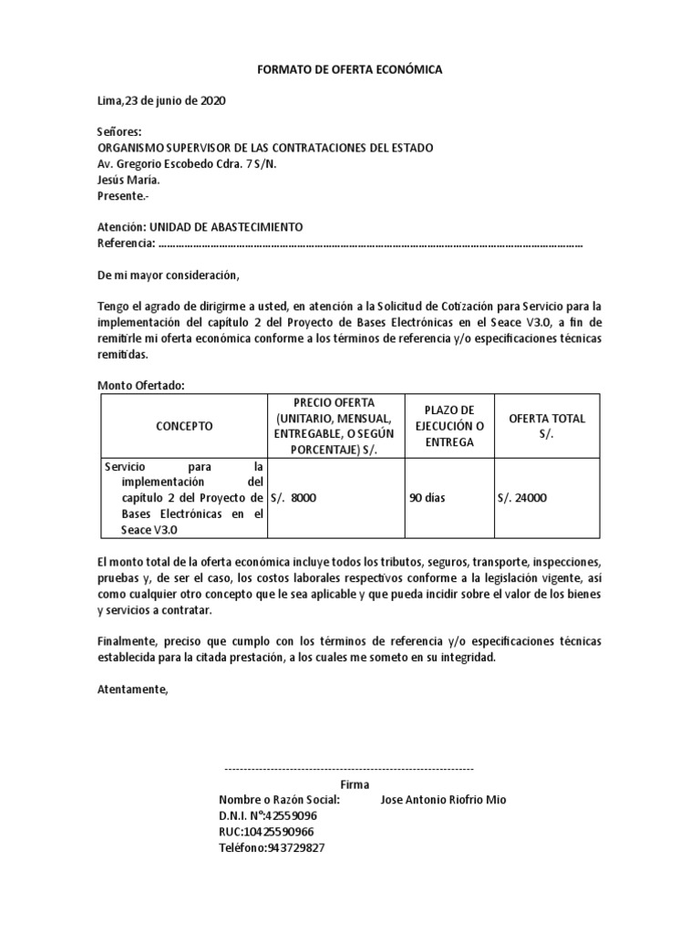 Formato de Oferta Económica | PDF