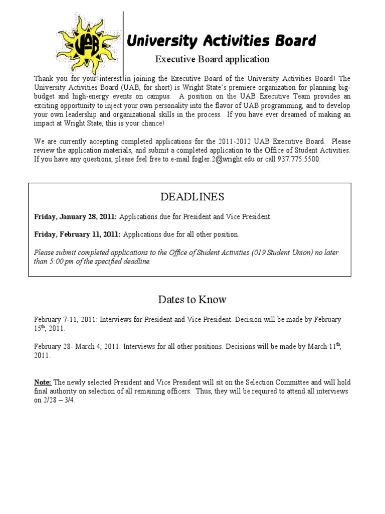 UAB Executive Board Application | PDF | Course Credit | Marketing