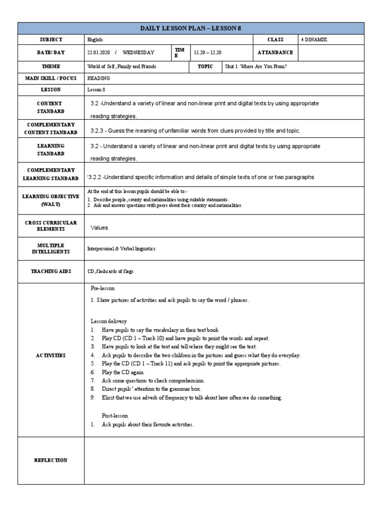Lesson 8: Reading Skills for Class 4 | PDF | Lesson Plan | Reading ...