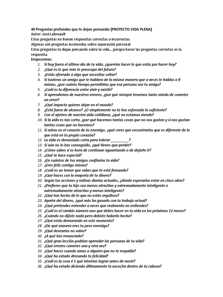 40 Preguntas Profundas Que Te Dejan Pensando. Por José Lebrault | PDF | Conceptos psicologicos ...