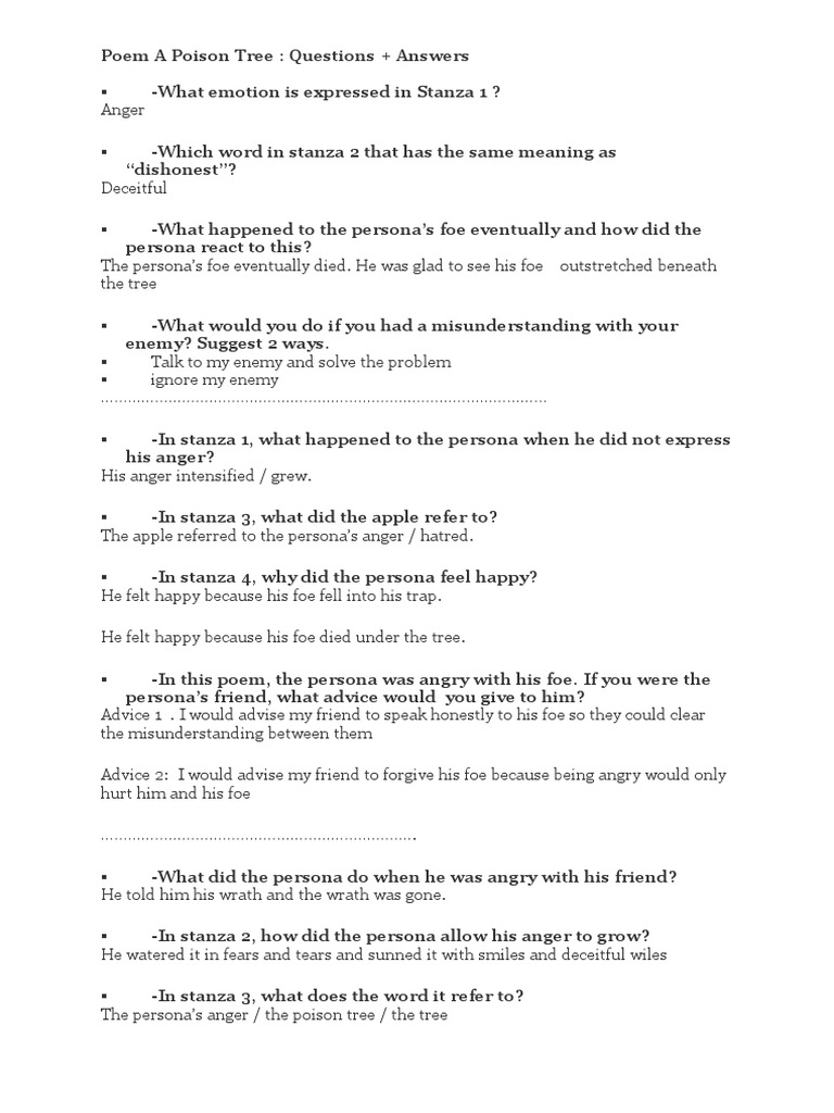 Poem A Poison Tree Exercise | PDF | Anger | Emotions