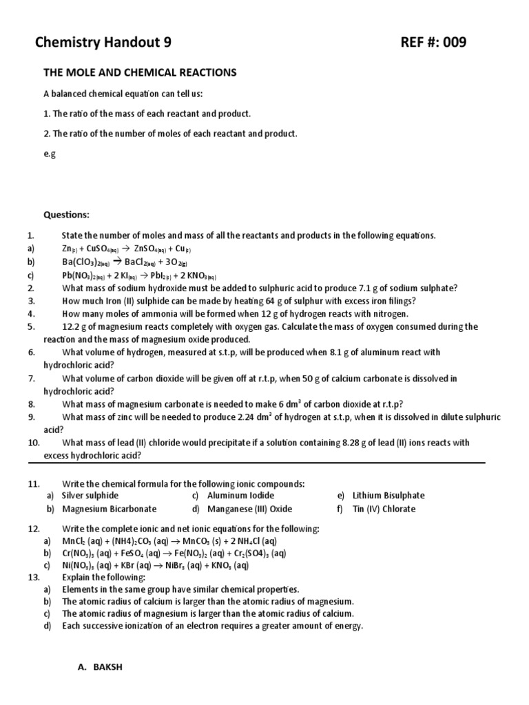 Chemistry Handout 9 REF #: 009: The Mole and Chemical Reactions | PDF ...