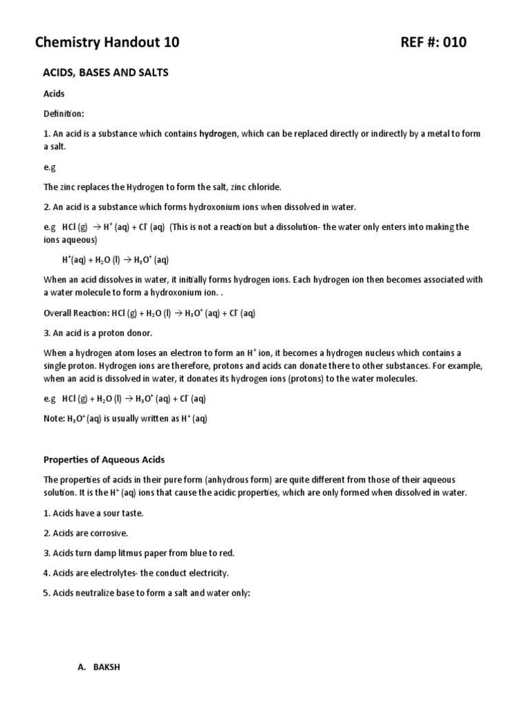 Chemistry Handout 10 REF #: 010: Acids, Bases and Salts | Download Free ...