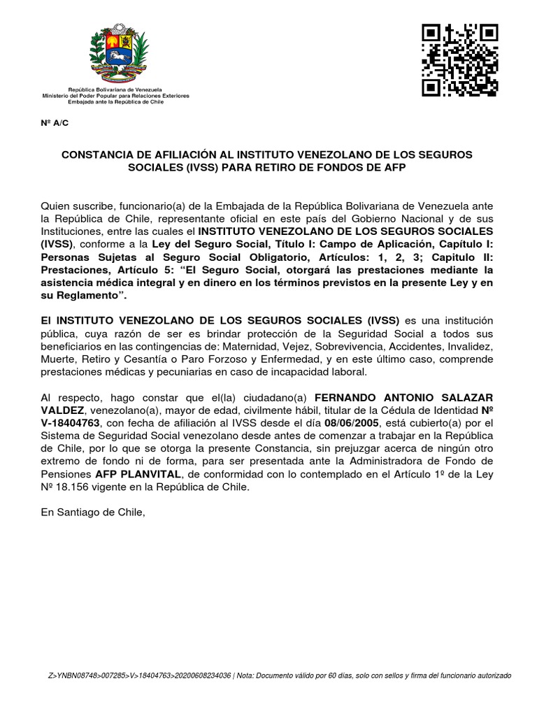 Constancia de Afiliacion Al Ivss para Retiro de Fondos Afp ...