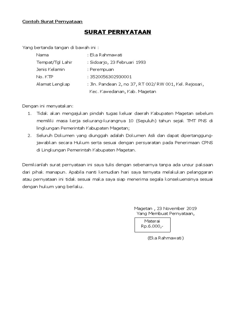 Contoh Surat Pernyataan | PDF