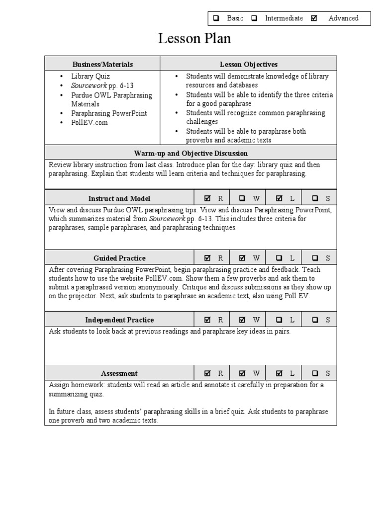 Lesson Plan: Basic Intermediate Advanced | PDF
