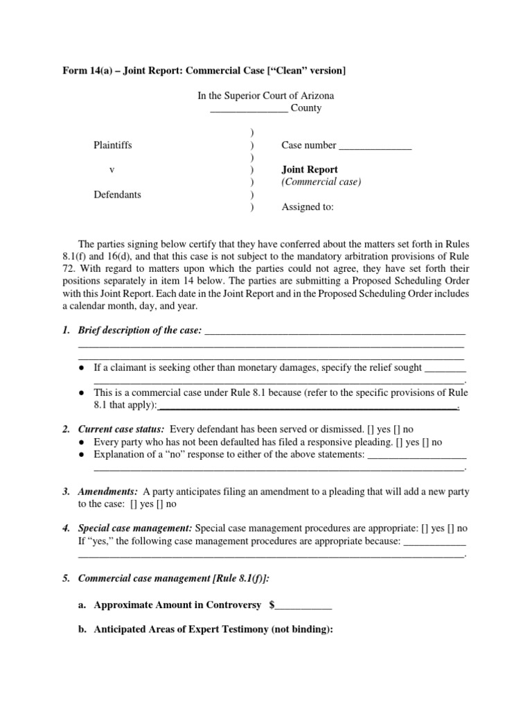 Joint Report for Arizona Commercial Case | PDF | Pleading | Mediation