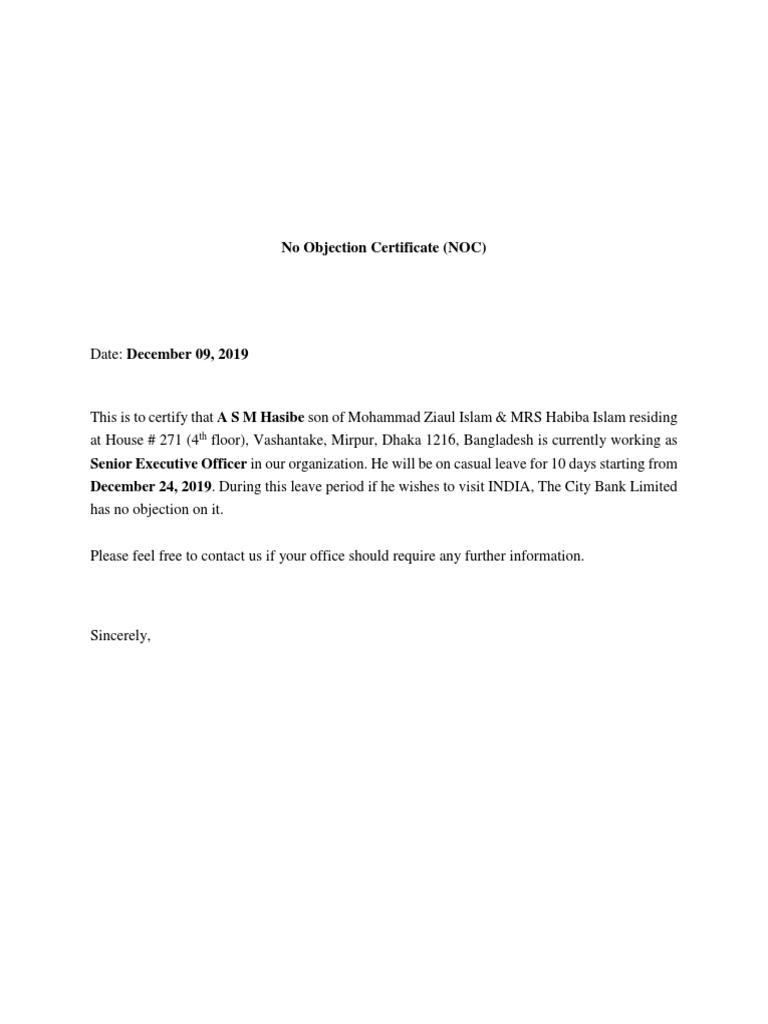 City Bank NOC Certificate Format | PDF