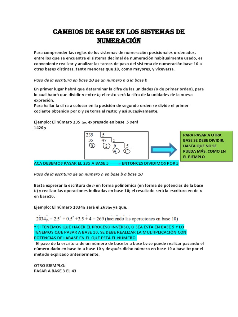 Cambios de Base en Los Sistemas de Numeracion PDF | PDF | División (Matemáticas) | Decimal