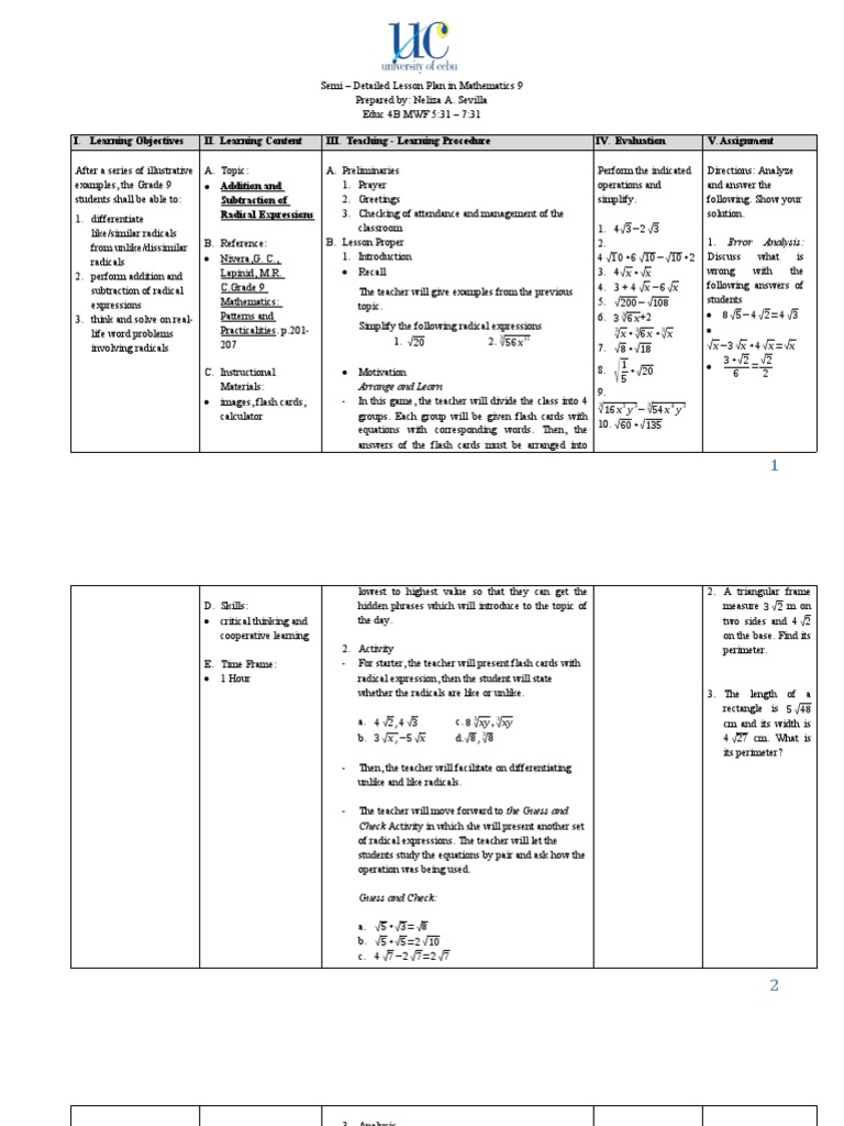 Semi Detailed Lesson Plan in Mathematics | PDF | Lesson Plan | Learning
