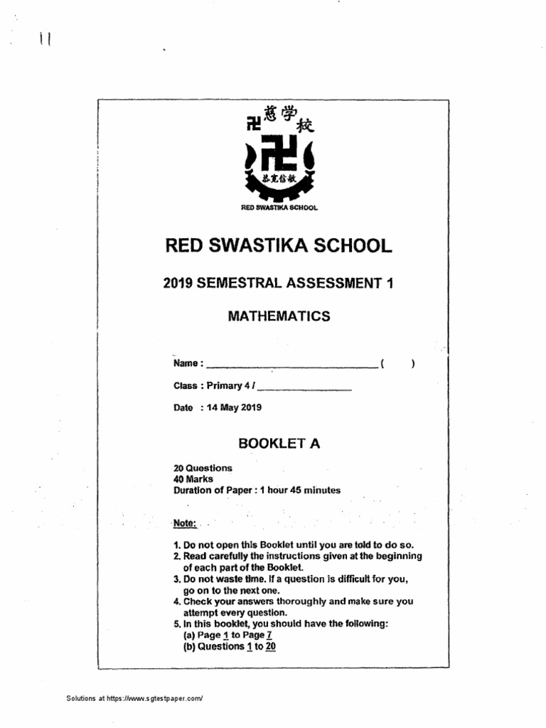 P4 Maths SA1 2019 Red Swastika Exam Papers-1-QUESTION PDF | PDF