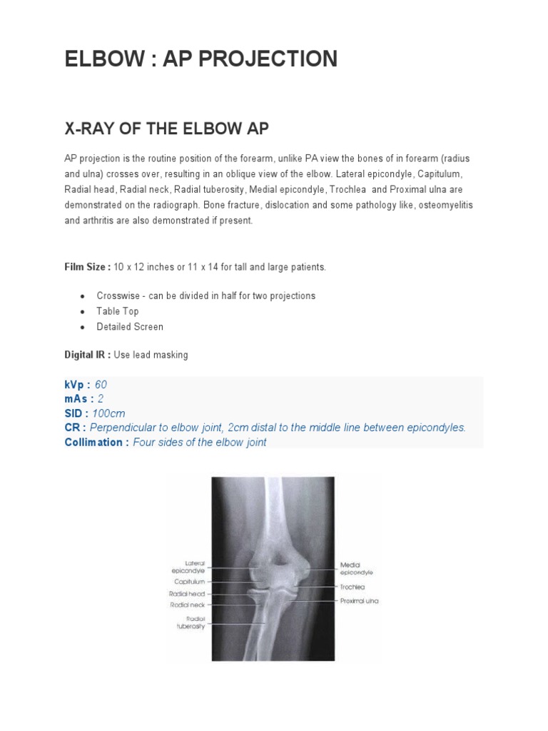 Elbow AP Projection X-Ray Guide | PDF | Elbow | Anatomical Terms Of ...