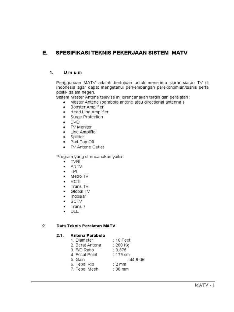 E. Spesifikasi Teknis Pekerjaan Sistem Matv: 1. Umum | PDF | Hertz ...