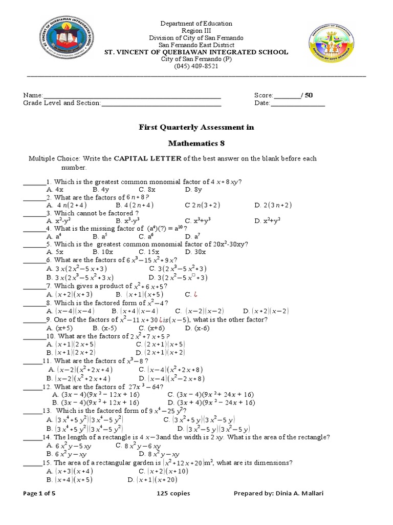 Math 8 1st Quarter Assessment | PDF | Algebra | Teaching Mathematics
