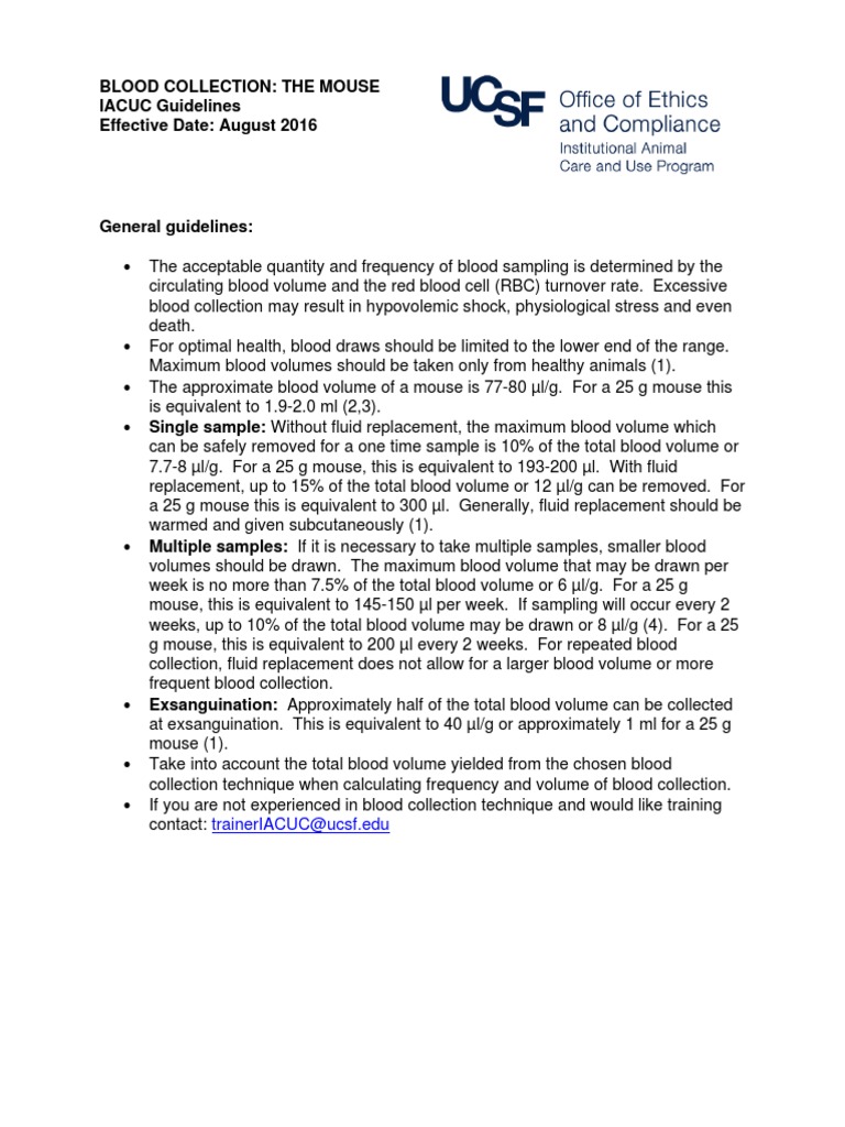Blood Collection: The Mouse IACUC Guidelines Effective Date: August ...