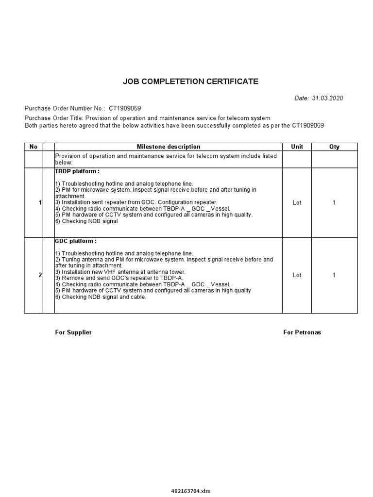 Job Completetion Certificate: No Milestone Description Unit Qty | PDF