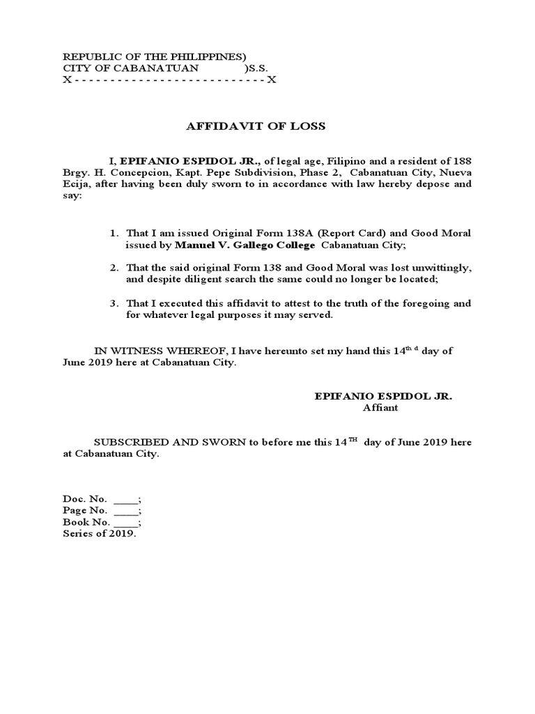 Affidavit of Loss for Form 138A | PDF