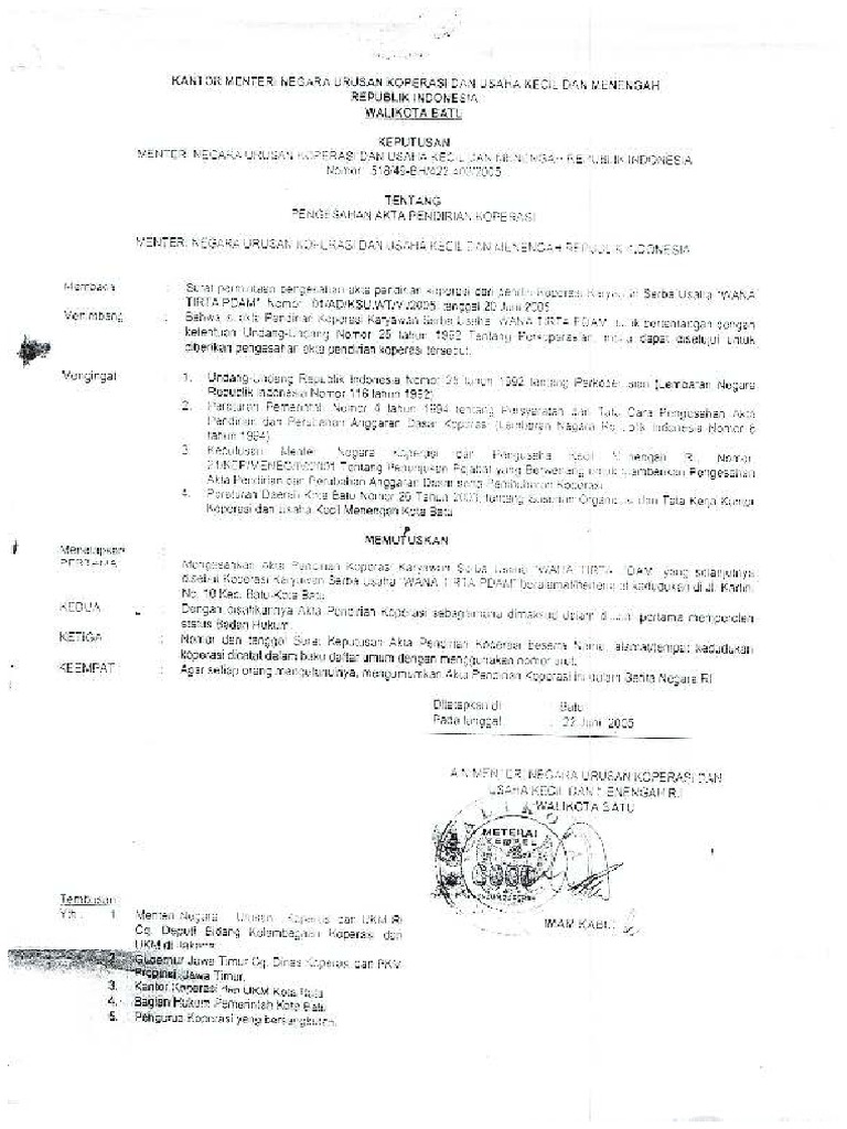 Akta Pendirian Dan SK Pengesahan Kop Pdam Kota Batu | PDF
