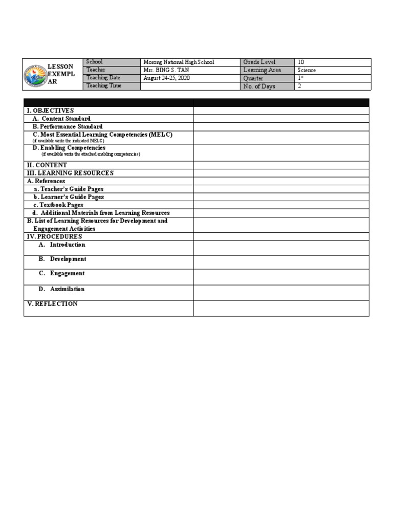 Template Lesson Exemplar G7 10 | PDF | Career & Growth