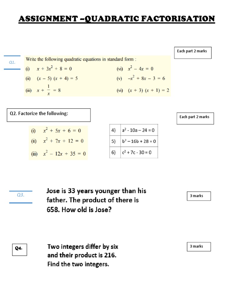 Assignment On Quadratic Factorisation | PDF