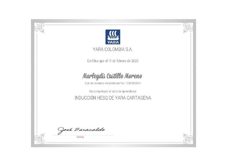 Certificado - Induccion-Hesq-De-Yara-Cartagena | PDF