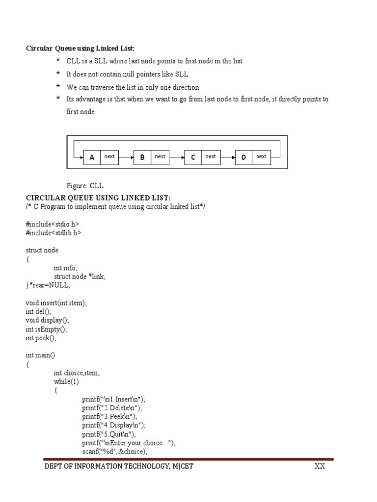 Circular Queue Using Linked List | PDF | Algorithms And Data Structures ...