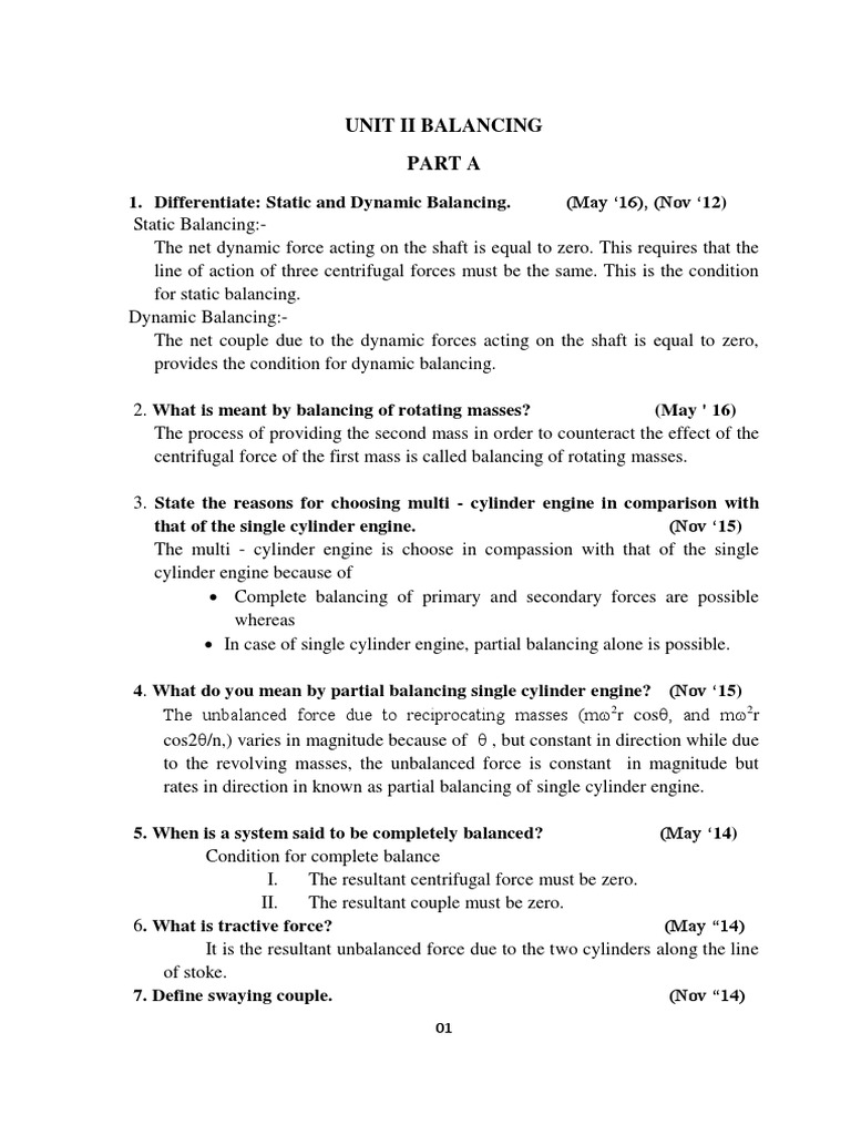 Unit Ii Balancing Part A | PDF | Rotation Around A Fixed Axis | Force