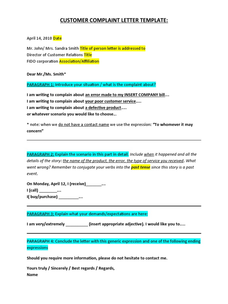 CUSTOMER COMPLAINT LETTER TEMPLATE Date | PDF