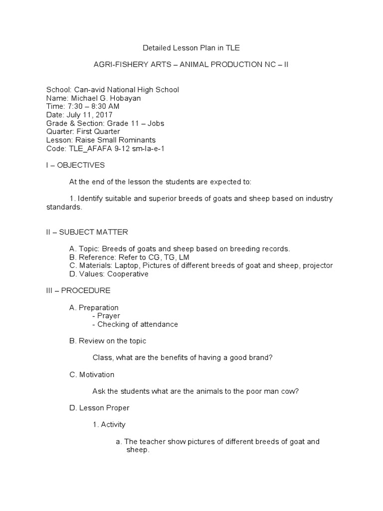 Detailed Lesson Plan in TLE | PDF | Goat | Sheep
