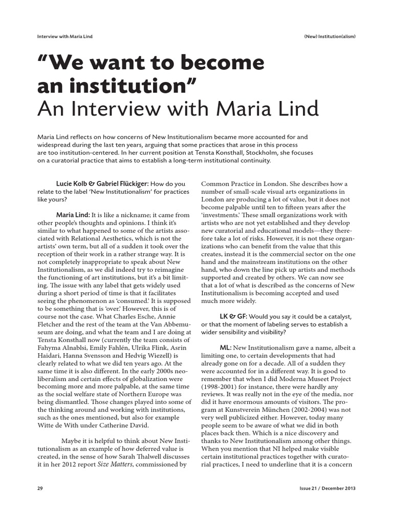 "We Want To Become An Institution": An Interview With Maria Lind | PDF ...