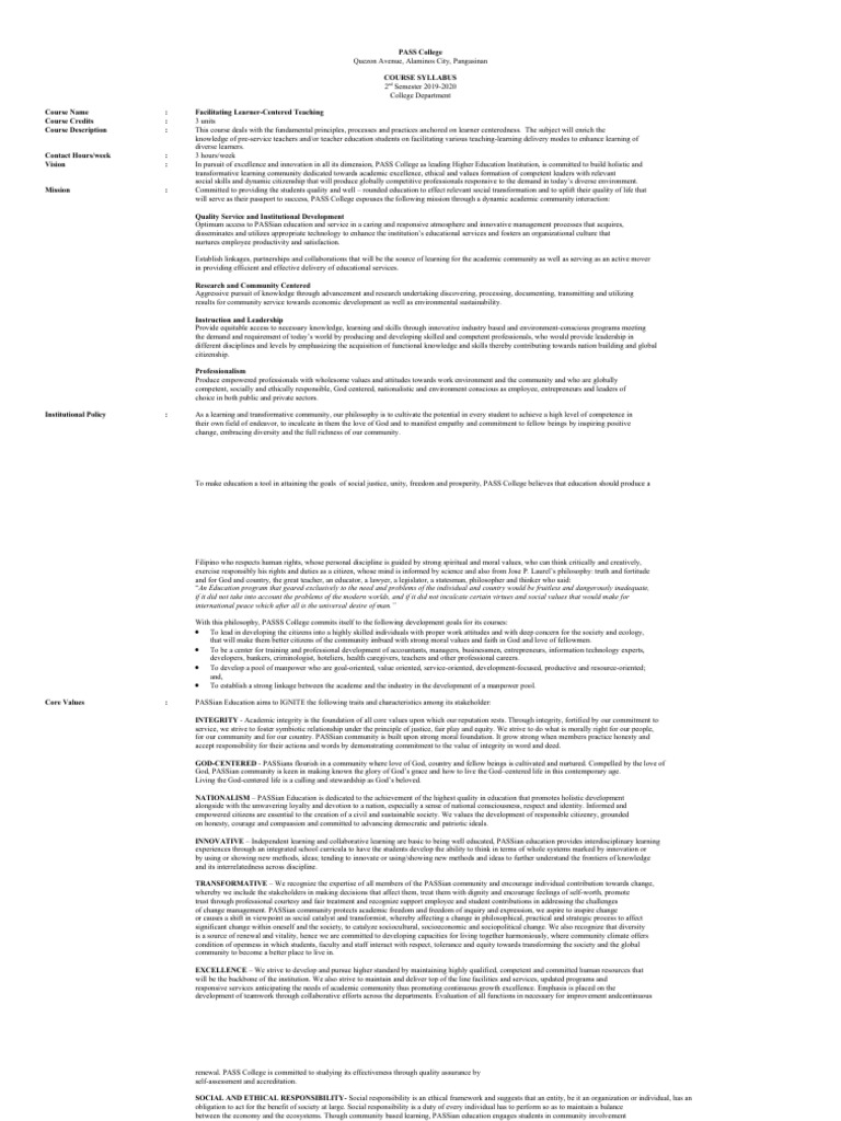 Facilitating Learner-Centered Teaching Syllabus | PDF | Metacognition | Learning Styles