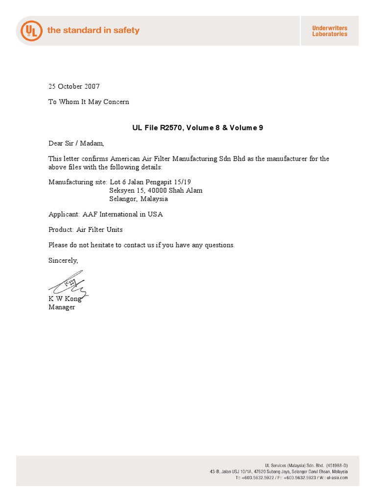 UL Certified Letter | PDF