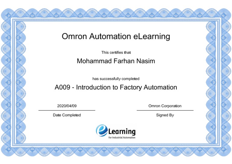 A009 - Introduction To Factory Automation Certificate | PDF