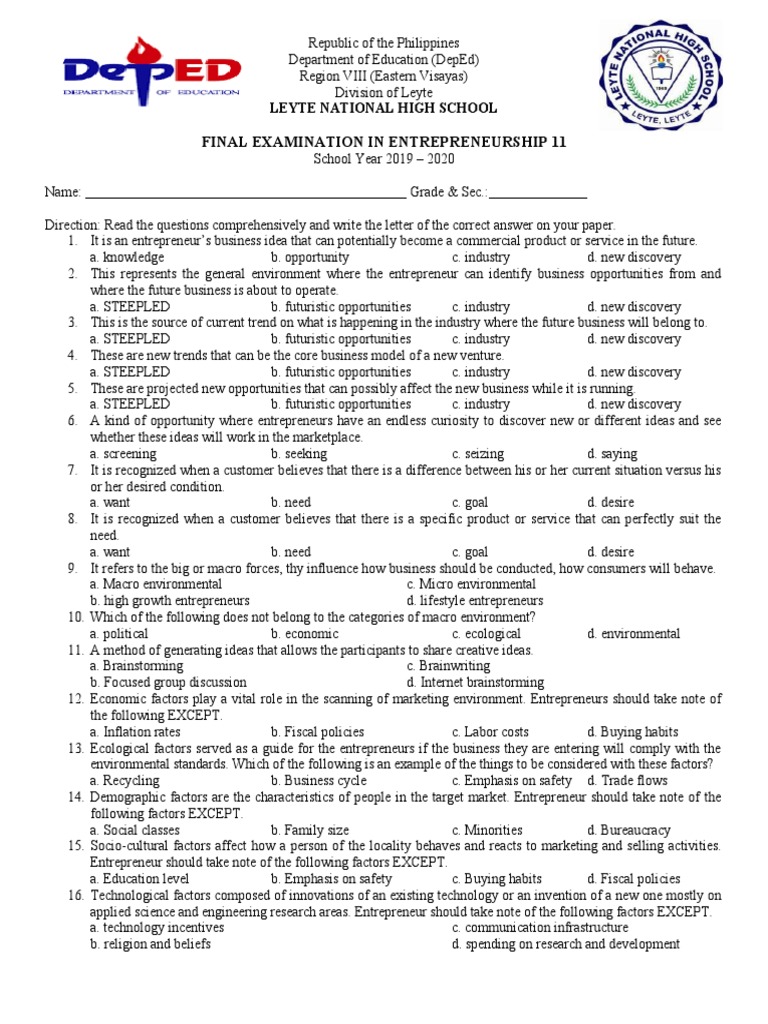 FINAL Exam in Entrep 11 2019-2020 Final | PDF | Entrepreneurship ...