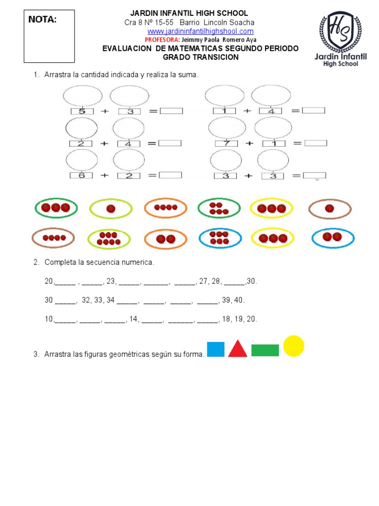 Evaluacion de Matematicas Kinder | PDF