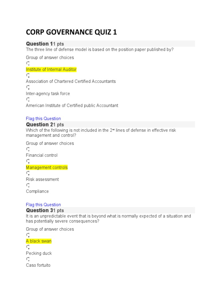 Corp Governance Quiz 1 | PDF | Internal Control | Securities (Finance)