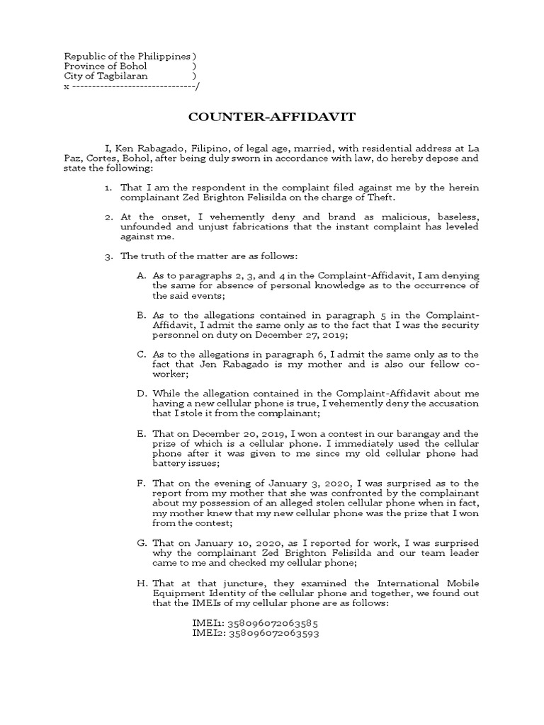 counter-affidavit-theft-final | Possession (Law) | Theft