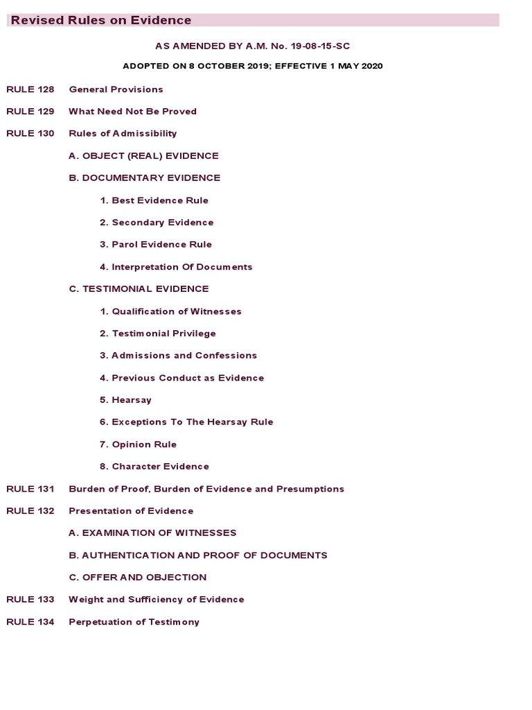 Revised Rules On Evidence: Adopted On 8 October 2019 Effective 1 May ...