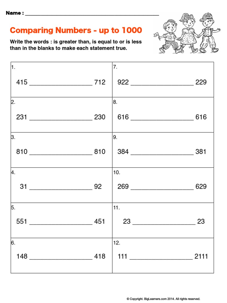 Comparing Numbers - Up To 1000 | PDF