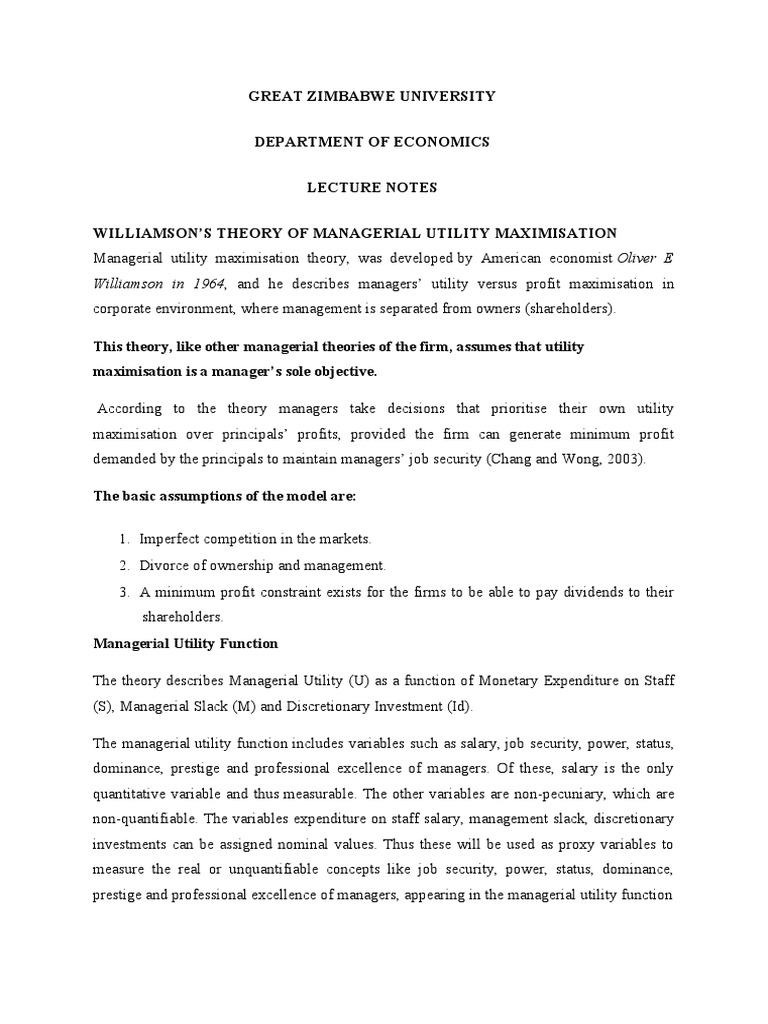 Williamson in 1964, and He Describes Managers' Utility Versus Profit ...