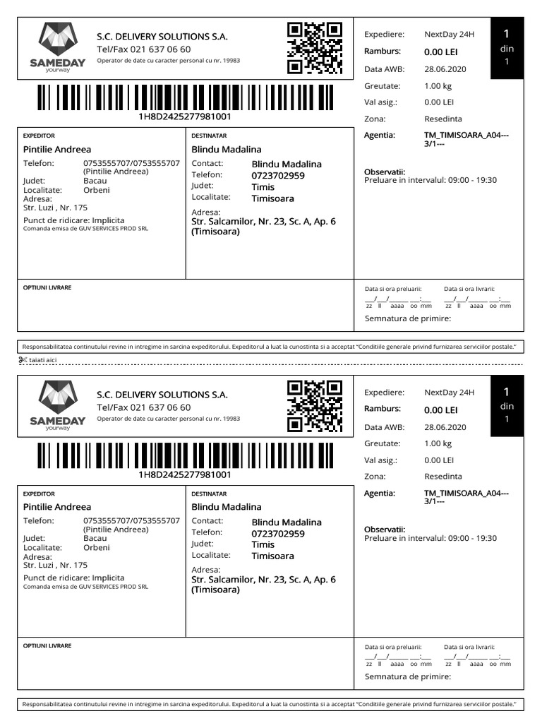 Awb Colete Online 28062020 Sameday 1H8D2425277981 | PDF