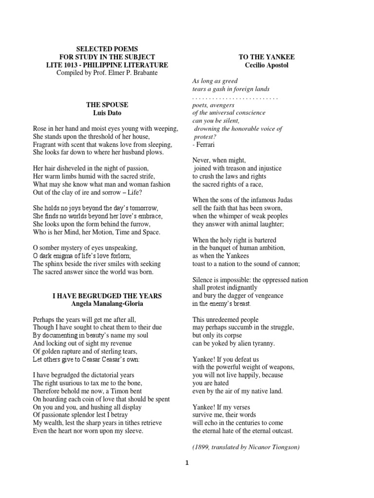 Selected Poems For Study in The Subject Lite 1013 - Philippine ...